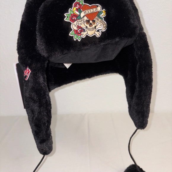 Ed Hardy | Accessories | Ed Hardy Black Faux Fur Trapper Hat Skull Rose ...